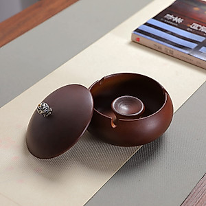 Ceramic Ashtray with Lid for Cigarette Outdoor, Windproof Ash tray Sets for Weed, Smokeless Home Ashtrays, Outside Ashtrays for Cigarettes for Patio, Garden, Balcony (Brown)