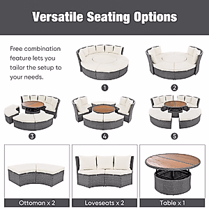 LOUHME 5-Piece Round Rattan Sectional Sofa Set, All-Weather PE Wicker Outdoor Sunbed Daybed with Round Liftable Table and Washable Cushions for Garden Backyard Poolside, Beige