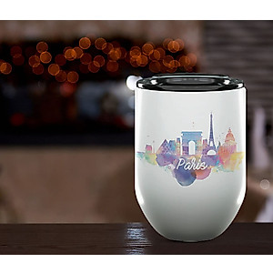 Paris France Gifts and Souvenirs - 12 Oz Insulated Wine Tumbler with Lid - Paris College Graduation Gifts - Unique Drinkware - Europe Long Distance Gifts for Her & Homesick Student Gifts