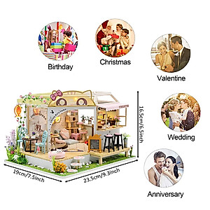 SYW DIY LED Lights Miniature Dollhouse Kit Cat Coffee Doll House Model Wooden Furniture for Christmas 's Day Creative Gifts with Dust Cover and Music （Cat Coffee Shop ）
