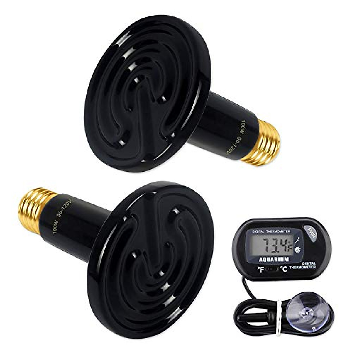 2-Pack 100W Ceramic Heat Lamp with 1-pcs Digital-Thermometer, Infrared Heat Emitter Bulbs for Reptiles, Amphibians, Chicken Brooder Coop Lizard Turtle Snake Aquarium, No Light No Harm, ETL Listed