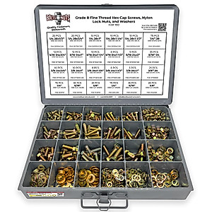 Grade 8 FINE Thread Hex Cap Bolts Screws, Nylon Nylok Lock Nuts, Washers, Lock Washers Assortment Kit - 574 Pieces!