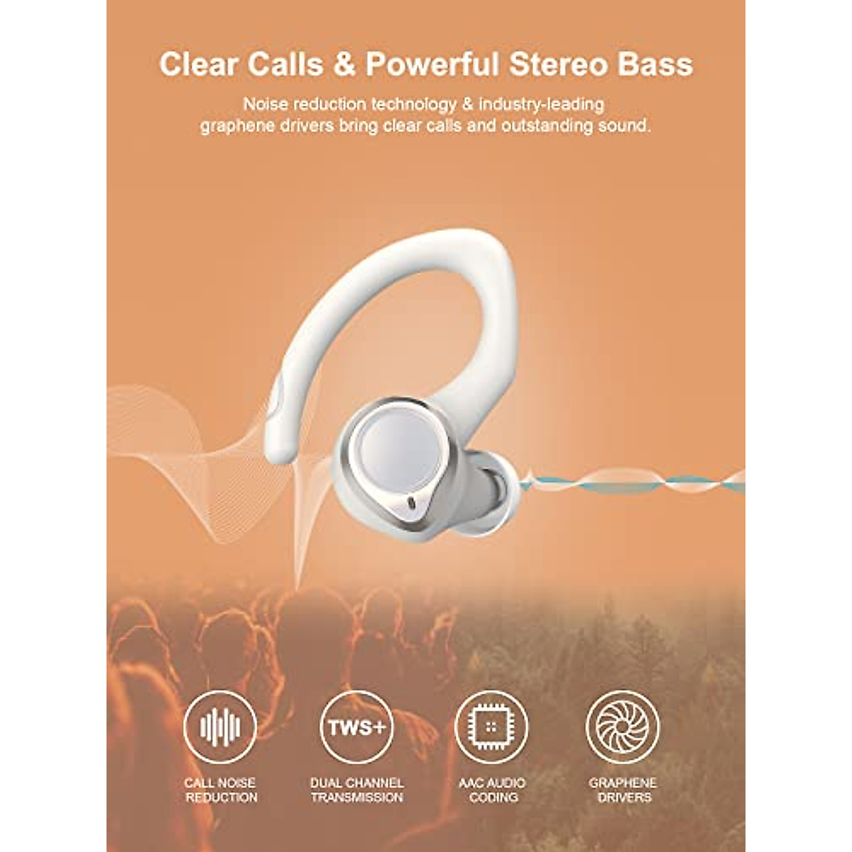 Coucur Wireless Earbuds 5.1 Bluetooth Headphones Sport with Two Detachable Earhooks in Ear Wireless Earphones Noise Cancelling Touch Control, 30H Playtime Deep Bass IP7 Waterproof Headset