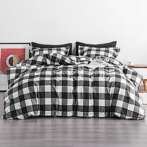 NTBAY Microfiber Twin Duvet Cover Set, 2 Pieces Ultra Soft Buffalo Check Printed Comforter Cover Set with Zipper Closure and Corner Ties, Black and White