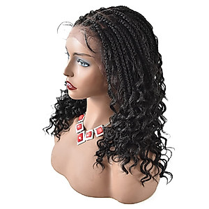 Curve Hair Curly Braided Swiss Lace Front Wigs for Women with Baby Hair Hand Made Crochet Hair Curly Ends Box Braided Wig Heat Friendly Kanekalon Synthetic 18Inches (LL602483C, 1B Black)