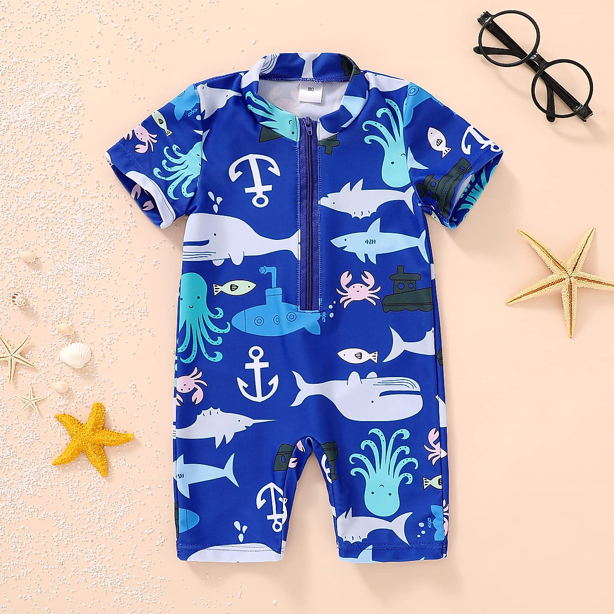 HAPPYMA Newborn Infant Baby Boys Swimsuit One-Piece Zipper Cartoon Fish Print Bodysuit Sunsuit Swimwear Bathing Suit (Blue, 0-3 Months)