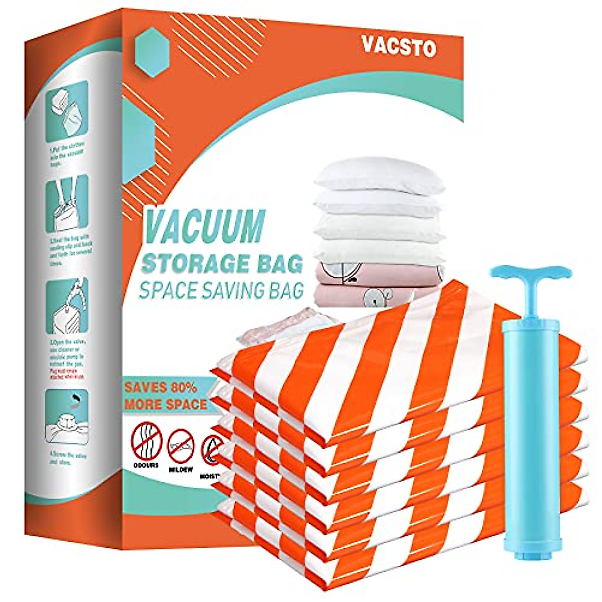 Vacuum Storage Bags Medium Space saver Bags 6 Pack (27.5” X 19.6”) With Handpump Space Saver Compression Seal Bags for Clothes, Quilts, Pillows, Double Zip Seal & Leak Valve