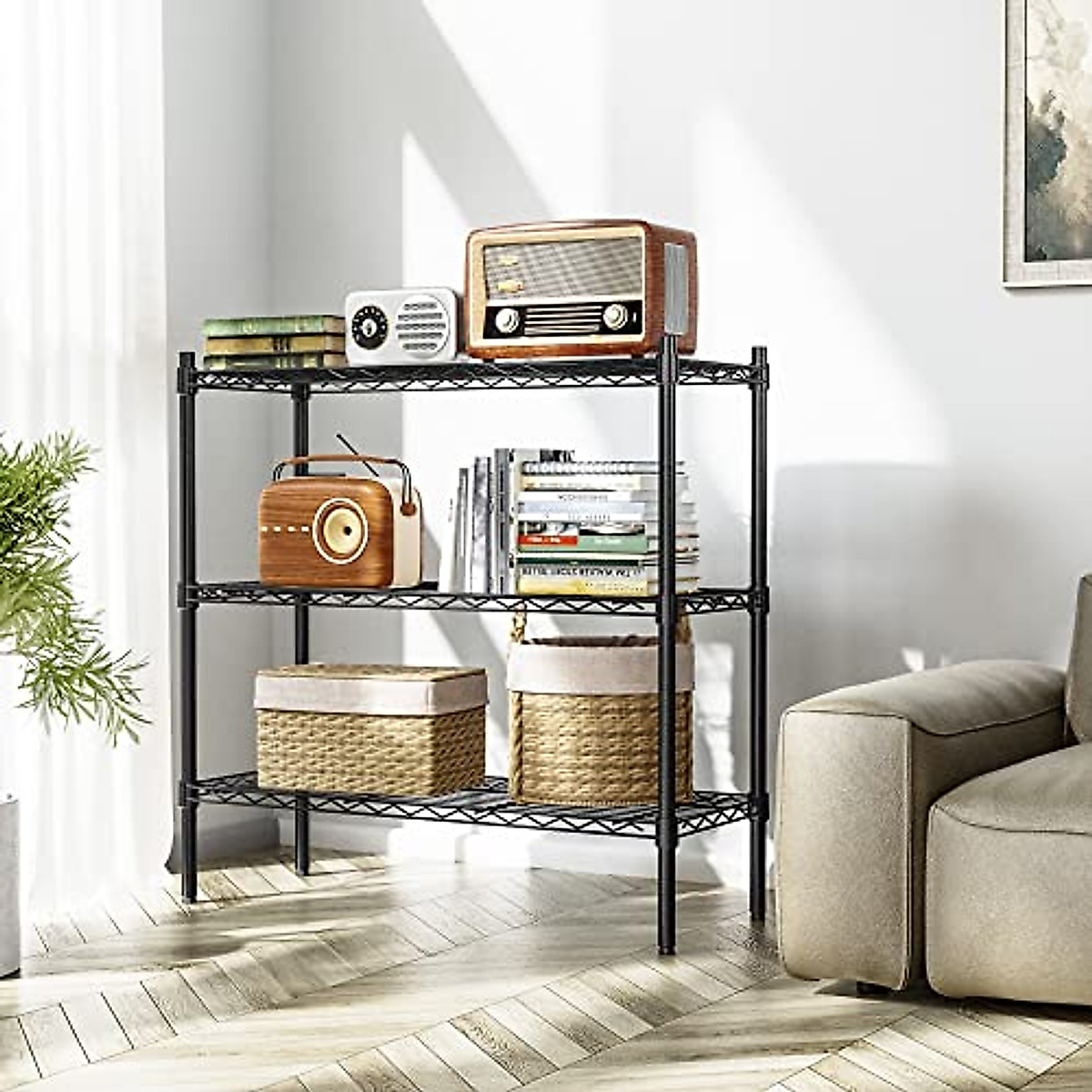 SZQINJI 3-Shelf Storage Wire Shelves Heavy Duty 3 Tiers Standing Shelving Units Adjustable Metal Organizer Wire Rack, Black