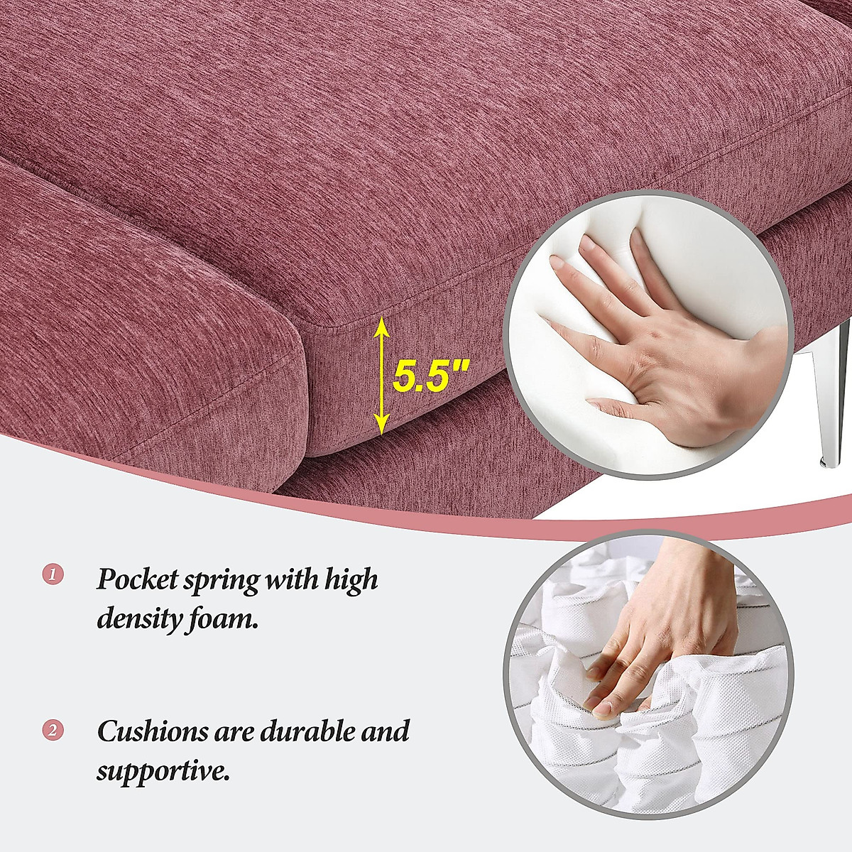 Prohon 84" L Shaped Modern Chenille Convertible Sectional Reversible Chaise Lounge and 2 Pillows, 4-Seat Couches Upholstered Small Space Sofas for Living Room,Apartment,Office, Pink