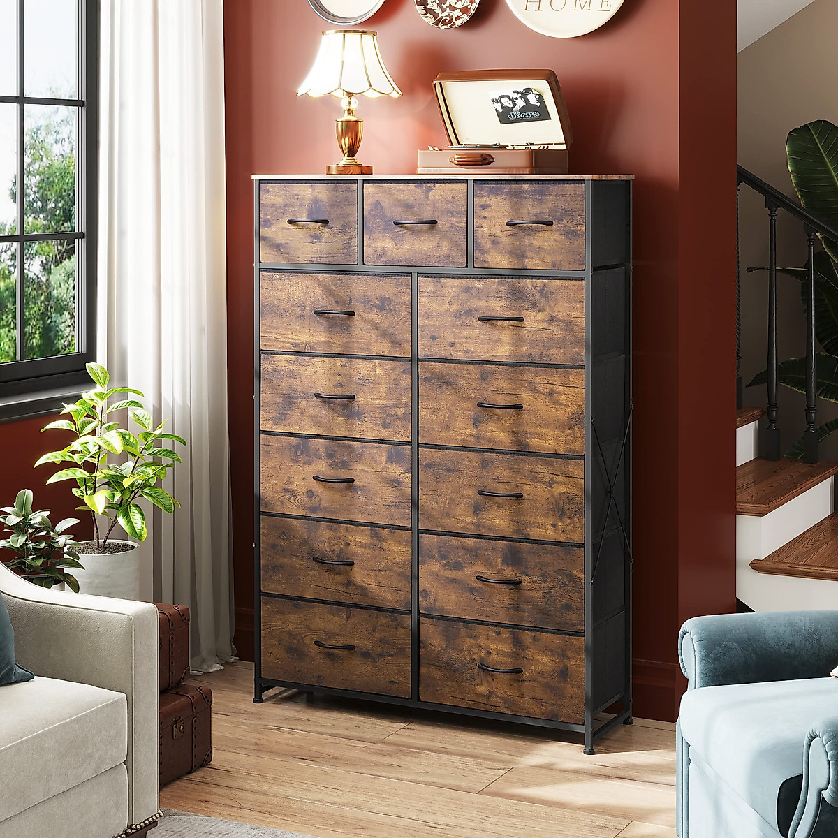 WLIVE Tall Dresser for Bedroom with 13 Drawers, Storage Dresser Organizer Unit, Fabric Dresser for Bedroom, Closet, Chest of Drawers, Steel Frame, Wood Top, Rustic Brown Wood Grain Print
