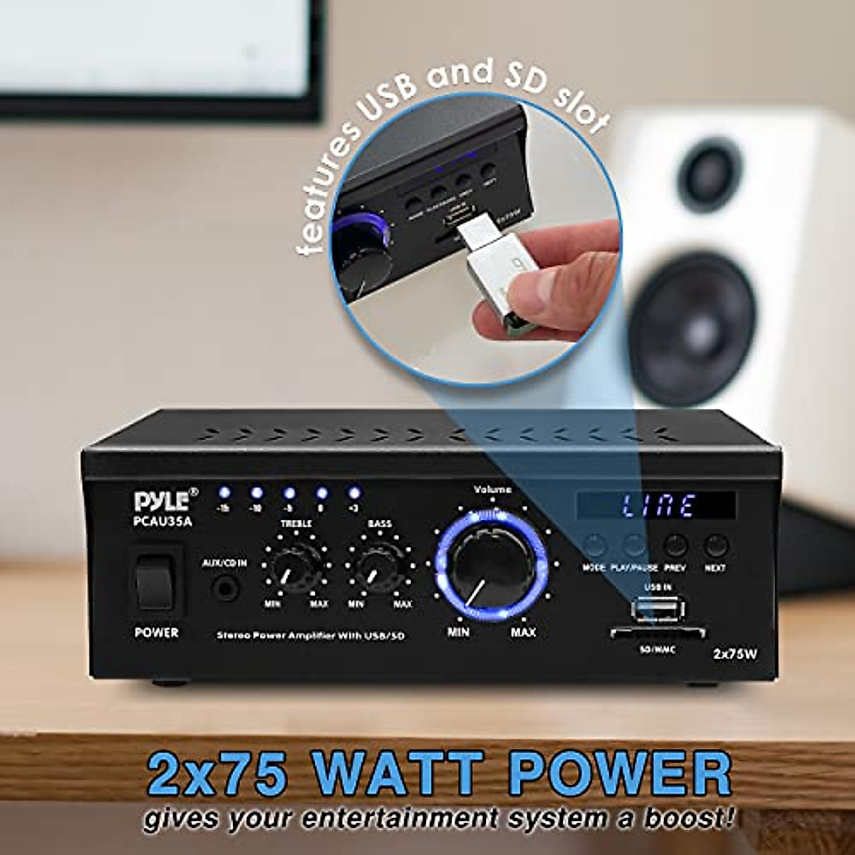 Pyle Home Home Audio Power Amplifier System - 2x75W Dual Channel Theater Power Stereo Receiver Box, Surround Sound w/ USB, RCA, AUX, LED, Remote, 12V Adapter - For Speaker, iPhone - Pyle PCAU35A