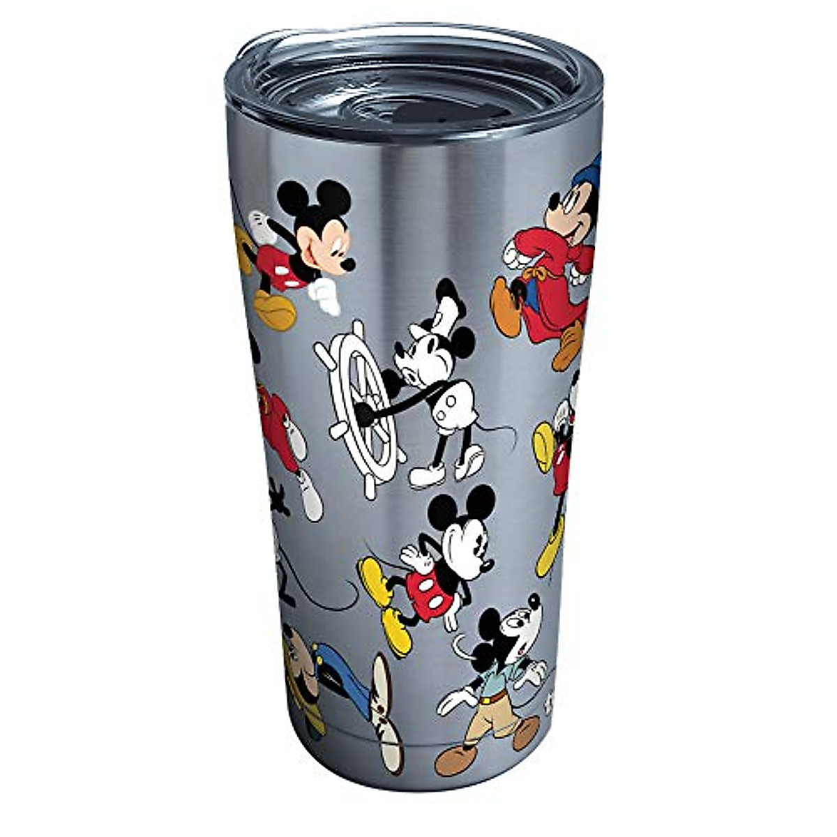 Tervis 1297811 Disney Mickey Mouse 90th Birthday Stainless Steel Insulated Tumbler with Clear and Black Hammer Lid, 20 oz, Silver