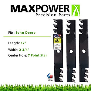 MaxPower 561812XB Set of 3, 3-N-1 Commercial Mulching Blades for 48 in. Cut John Deere Mowers, Replaces OEM no. GX21784, GX21786, Black