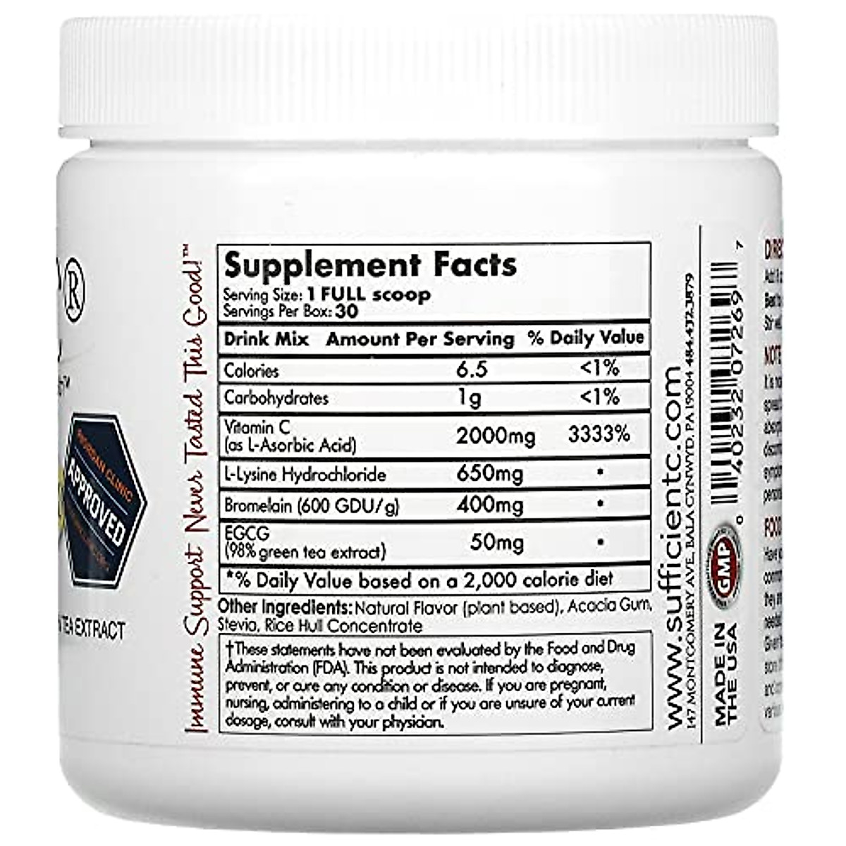 Sufficient-C High Dose Vitamin C Lemon Peach Immune-Ade Drink Mix - 125 Gram Three (3) Pack
