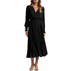 PRETTYGARDEN Wrap V Neck Spring Dresses for Women 2024 Long Sleeve Smocked Wedding Guest Dresses Flowy Pleated Midi Dress (Black,X-Large)