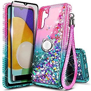 NZND Case for Samsung Galaxy A13 5G with Tempered Glass Screen Protector (Maximum Coverage), Ring Holder/Wrist Strap, Glitter Liquid Floating Waterfall Durable Girls Cute Phone Case (Pink/Aqua)