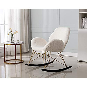 White Rocking Chair Faux Fur Soft Fabric Rocker Chair for Nursery Recliner Lounge Chair Modern Indoor Armchair for Living Room Bedroom