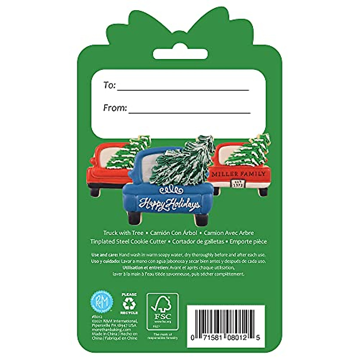 R & M International 8012 Truck with Christmas Tree Shaped Tinplated Steel Cookie Cutter, 3.25", Gift Tag Carded