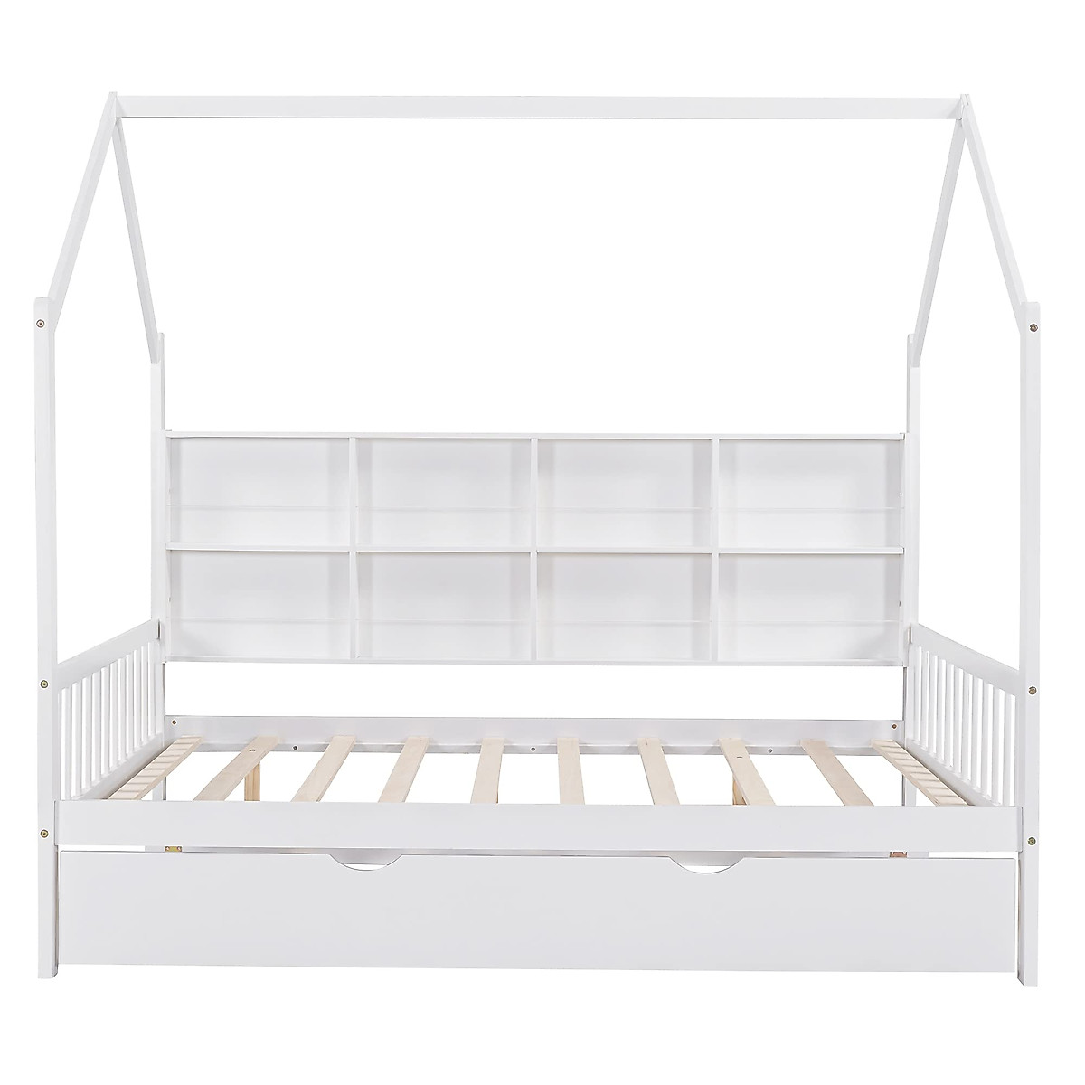 Harper & Bright Designs Full Size House Bed with Trundle, Wood Full House Bed Frame with Shelf Compartment, Full House Bed for Kids with Roof for Girls, Boys,No Box Spring Needed, White