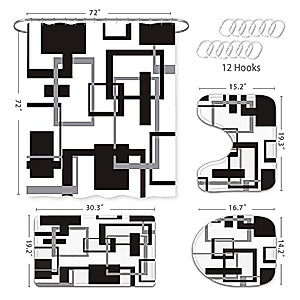 Gibelle 4 Pcs Bathroom Shower Curtain Set with Non-Slip Rugs, Toilet Lid Cover and Bath Mat, Grey Black and White Bathroom Decor Set with Shower Curtain and Rugs and Accessories