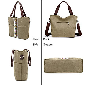 SILKAREA Women's Vintage Embroidery Canvas Shoulder Bag Hobo Daily Purse Multi Pocket Large Tote Top Handle Shopper Handbag (Army Green)