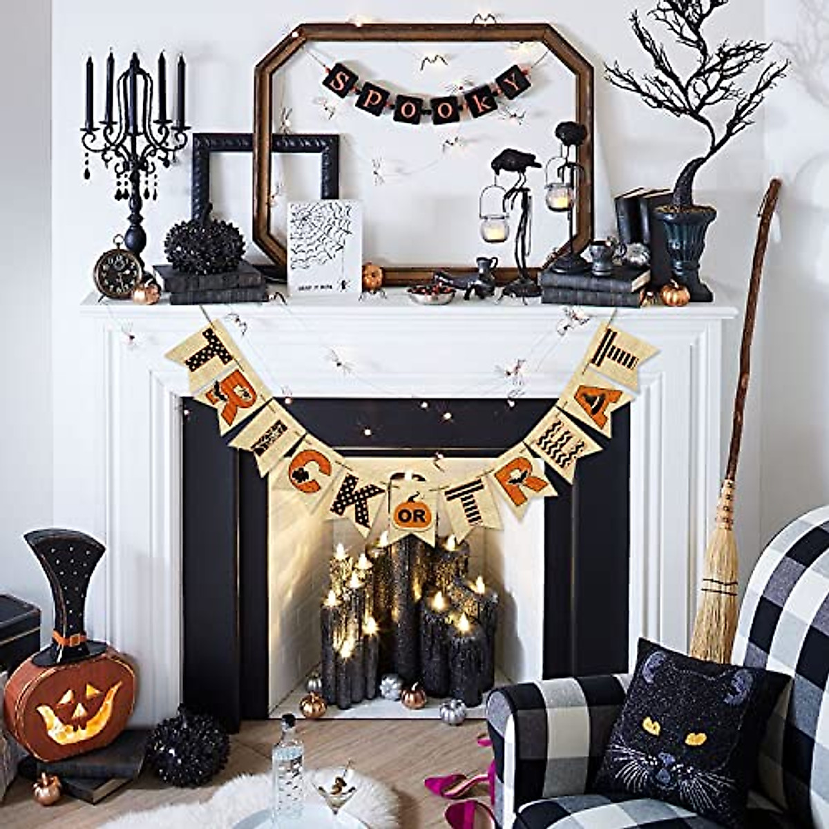 AVOIN Trick or Treat Banner No DIY Required Chevron Polka Dot Spider Web Bat Pumpkin Witch Hat, Rustic Pennant Decoration for Halloween Party Doorway Mantels Wall