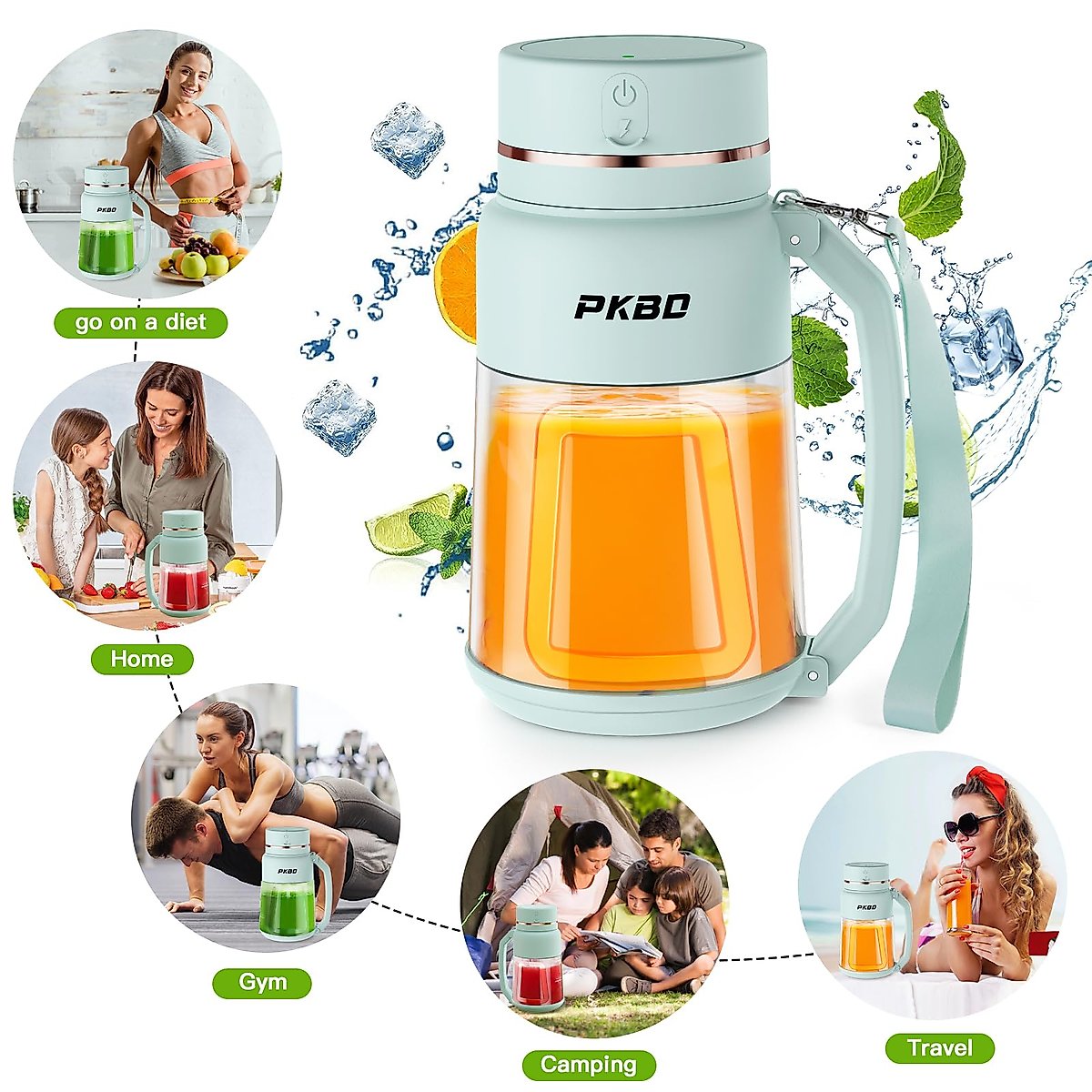 PKBD Portable Blender for Shakes and Smoothies, Juicer with 15-Second Ice-Crushing Power, 10 Blades, 32 Oz Rechargeable USB-C Personal Blender with Straw, BPA Free Smoothie Blender, Green