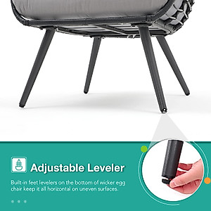 Patiorama Wicker Egg Chair Outdoor Indoor, Rattan Lounge Chair for Outside w/Legs Cushion, Basket Wicker Chair for Bedroom Living Room Front Porch Backyard Garden 350 lbs Capacity (Grey)