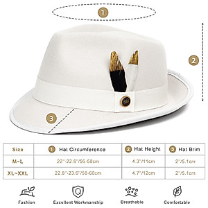 FADACHY Fedora Hats for Men & Women Short Brim Felt Hat Trilby Fedora with Feather Panama Dress Hat White Fedora M-L