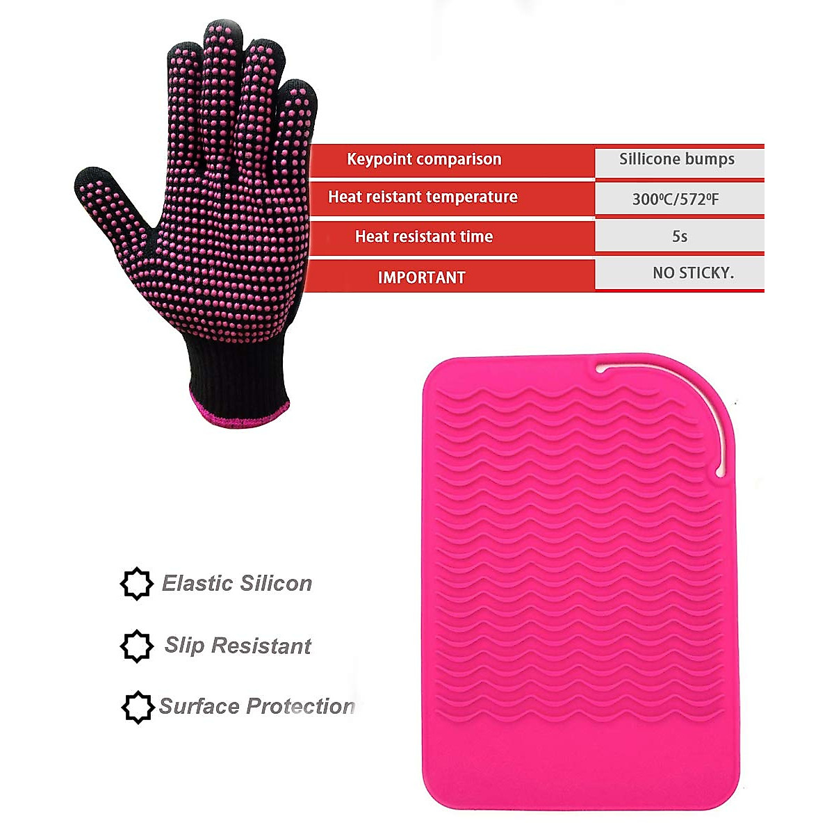 Heat Resistant Glove with Heat Resistant Mat for Curling Iron, Hair Straightener, Flat Irons, Silicone Bump Glove, 9” x 6.5” Food Grade Silicone Mat, Pink