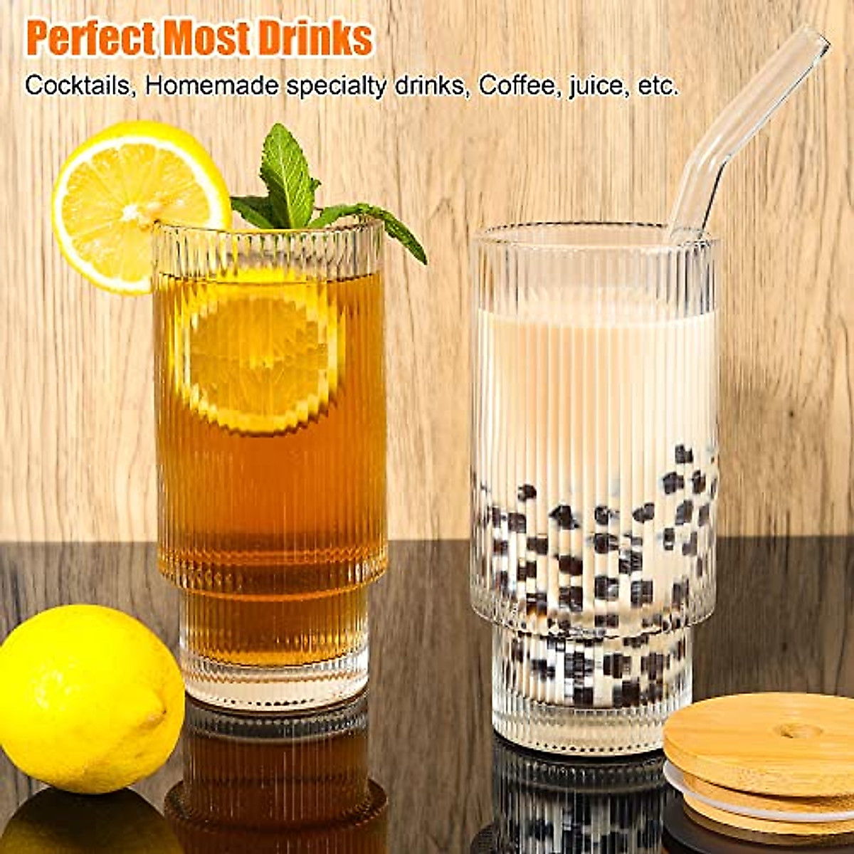 Rantonly 4Pack Ribbed Glass Cups 16oz with Bamboo Lids and Straws, Drinking Glasses Tumbler Cups-Reusable, Vintage Glass Cups, Elegant Ribbed Glassware for Beer Smoothie Whiskey