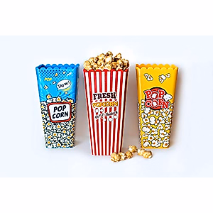 Deco Designs, Assorted Movie Theater Style Reusable Nesting Plastic Popcorn Box/Popcorn Container- BPA Free - (Size 8 Inches x4 Inches ) Set of 3, Yellow, Red, Blue