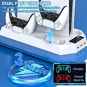 DBEPANK Stand and Cooling Station with Dual Controller Charging Station for PS5 Vertical Stand with Headset Holder for PS5 Accessories for Playstation 5 Console Cooling Fan Stand White