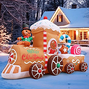 8ft Christmas Inflatable Train Decoration with LED Lights, Candy Canes, Gingerbread Men - For Outdoor