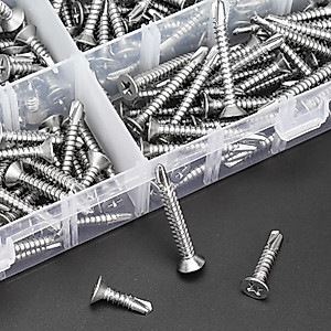 HELIFOUNER #10 x1/2", 5/8", 3/4", 1", 1-1/4", 1-1/2" Self Drilling Screws Sheet Metal Screws Assortment Kit, 410 Stainless Steel (#10 Countersunk Head)