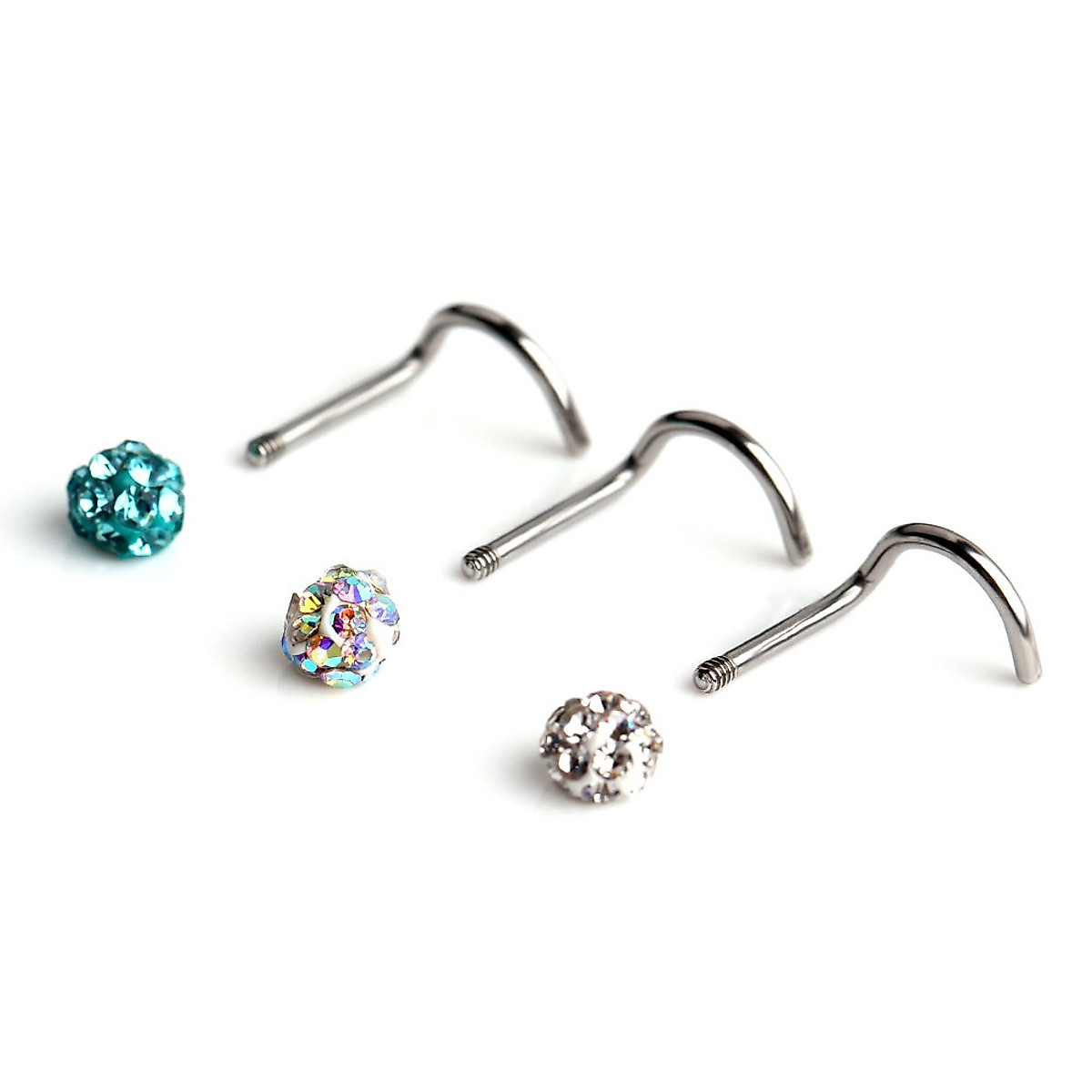Ruifan 3PCS 18G Surgical Steel Clear & Colorful & Acid Gem Crystal Screw Nose Studs Ring Piercing Jewelry