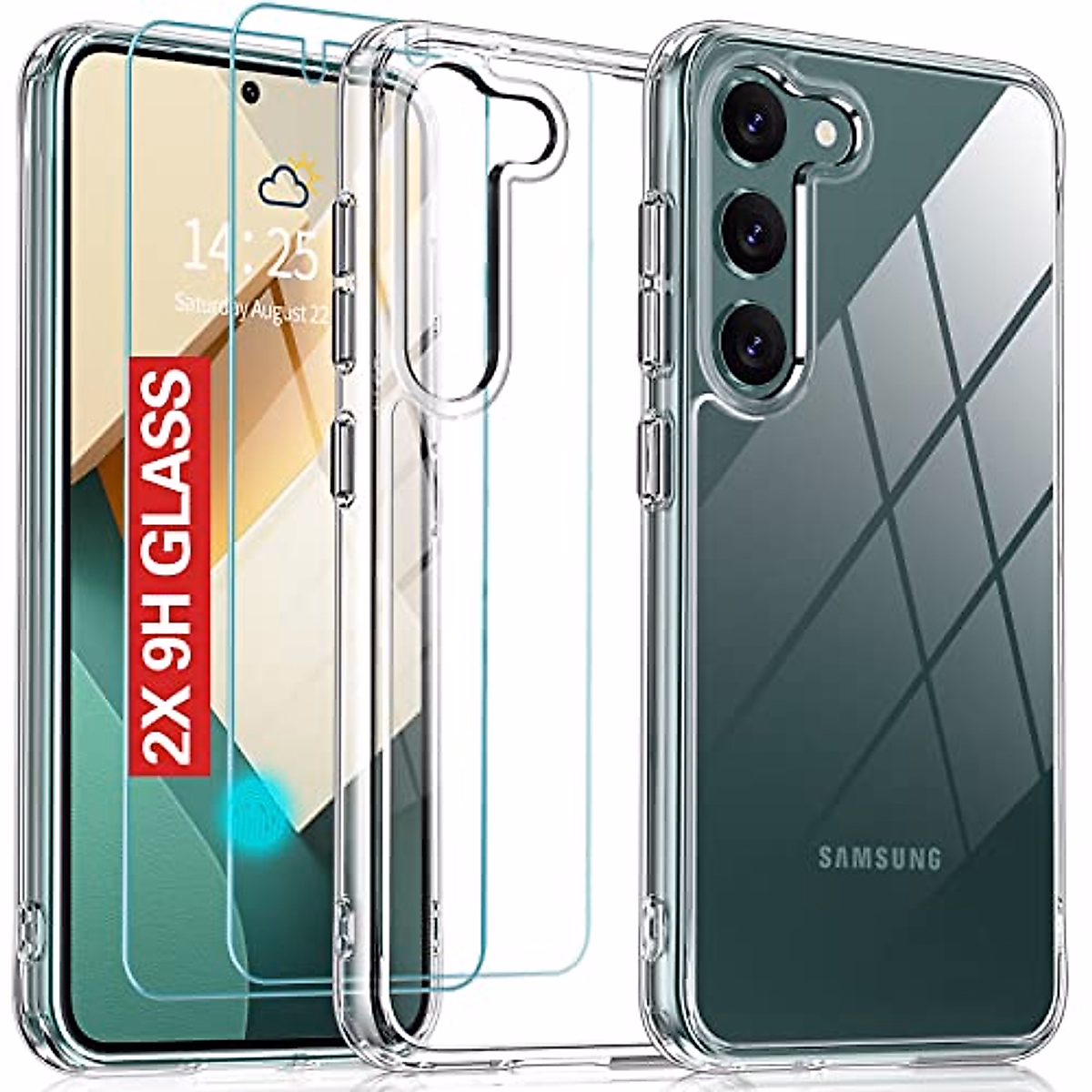 Oterkin for Samsung Galaxy S23 Case,[Anti-Yellowing Technology] with [2Pcs Tempered Glass Screen Protector][Built-in 4 Airbags][10FT Military Protection] S23 Phone Case (Clear)