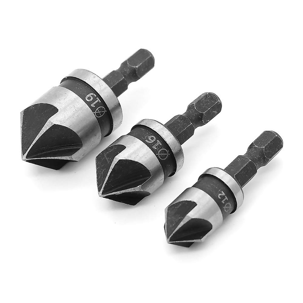 Buwico 1/4" Hex Shank 12mm/16mm/19mm Countersink Drill Bit 5 Flute 90 Degree Woodworking Countersink Bits