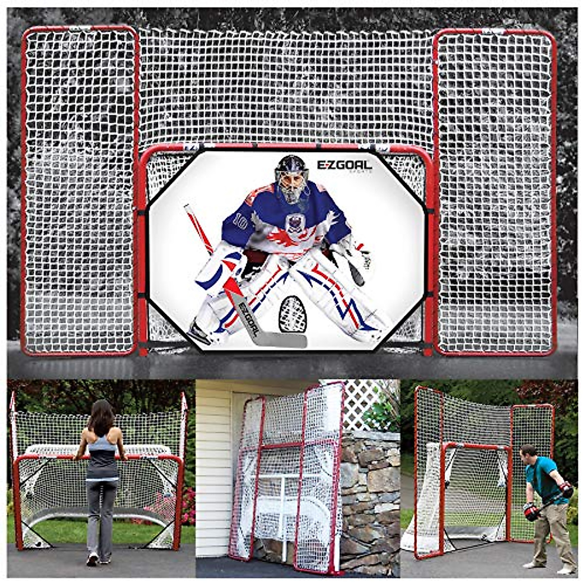 EZGoal 4' x 6' Hockey Folding Steel 2" Goal with 10' x 6' Backstop, 4 Targets Nets, a New Shooter Tutor, Red