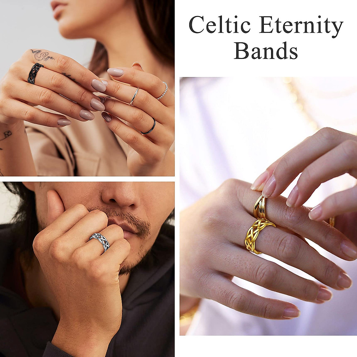Bestyle Stainless Steel 7mm Wide Celtic Trinity Knot Eternity Wedding Engagement Band Ring, Solid Thick Irish Celtic Trinity Flower Finger Ring Stackable, Size 7