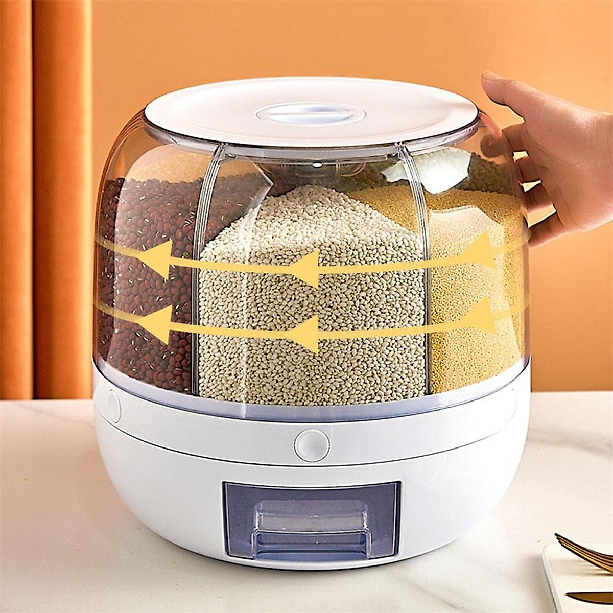 Rice Dispenser, 6-Grid 12lbs Rotating Rice Dispenser, Rice & Grain Storage Container, One-Click Rice Output, Visible and Round Rice Storage Bucket for Grains, Snacks, Candy, Coffee Beans, Dog Food