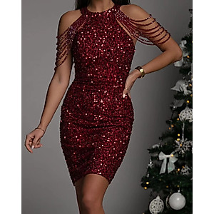 KELYWELL Women's Sequins Halter Neck Bodycon Mini Dress Sleeveless Tassel Glitter Slim Fitted Party Cocktail Short Dress (02 Wine Red,XX-Large)