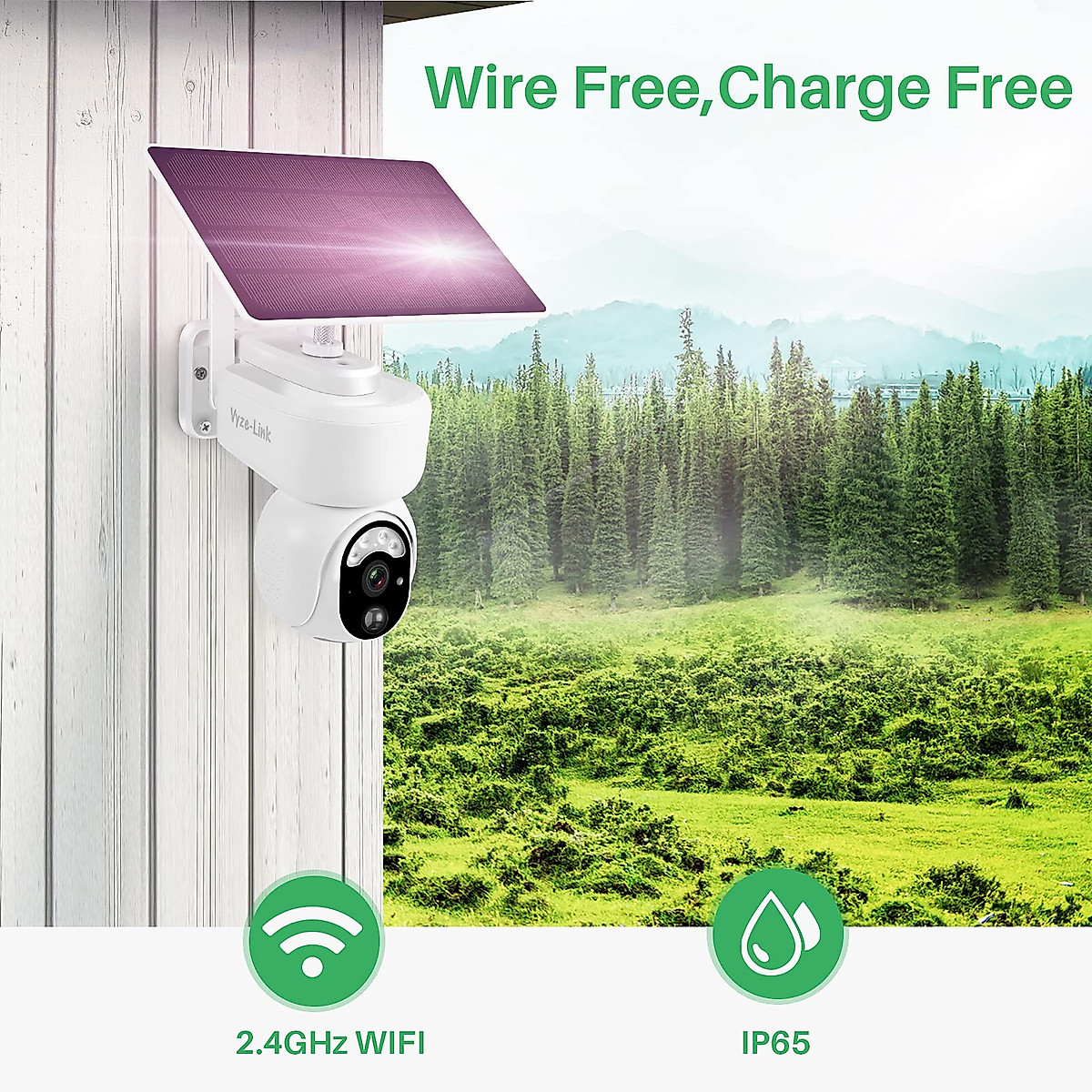 Vyze-Link Solar Security Camera Outdoor WiFi Wireless, Built-in Battery Powered, No Wire Needed, w/ 4 Spotlights, PIR Motion Detection, 2MP HD Video