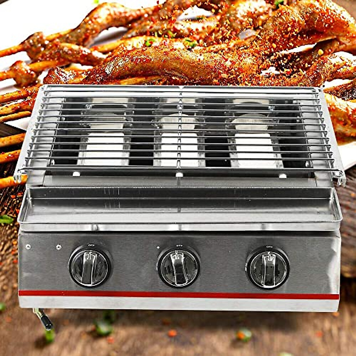 Stainless Steel Gas BBQ Grill with 3 Burners, Portable Propane BBQ Barbecue Deck Patio Fry Cooker Tabletop Cooker for Backyard Outdoor Garden Commercial