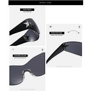 Palarado Y2K Sunglasses Accessories Glasses Fashion 2000s Cyber Shield Wrap Around Star Sunglasses for Women Rimless Trendy Shades (Black Frame/Grey Lens)