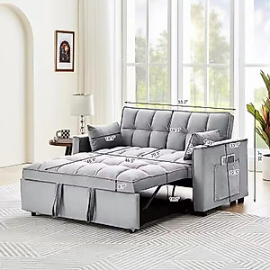 BIADNBZ 55" Convertible Loveseat Sleeper Sofa with Pull Out Bed, Modern Velvet Couch with Pillows & Side Pockets, Adjustable, for Small Space Living Room, Gray