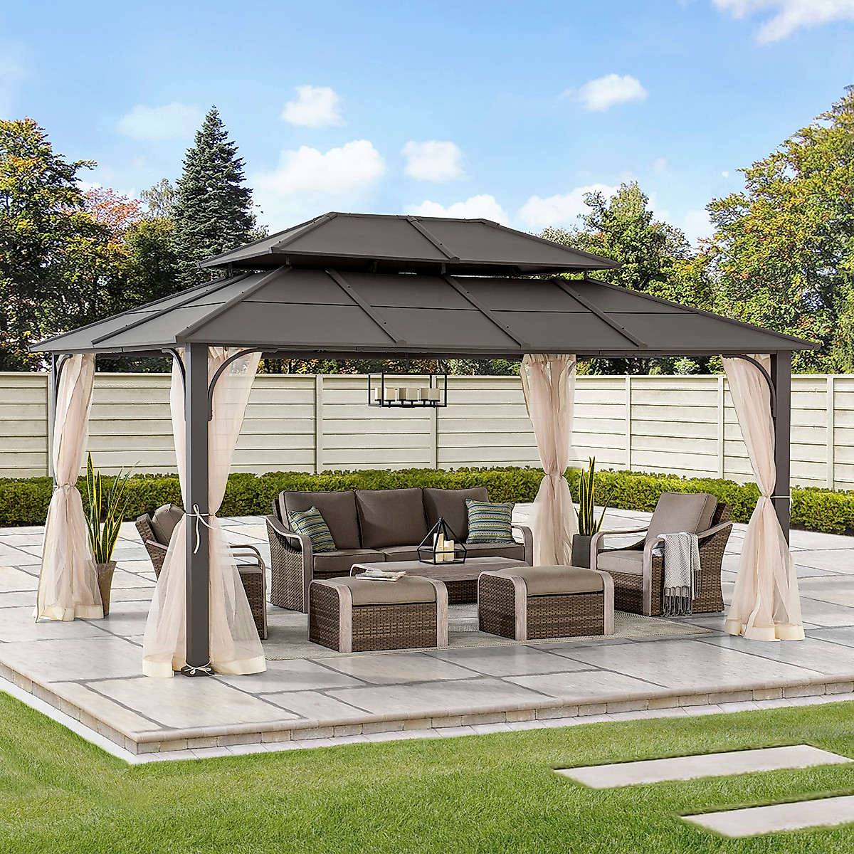 Sunjoy Hardtop Gazebo 12 x 16 ft. Outdoor Gazebo, Heavy Duty Steel Frame Gazebo, Double Tiered Metal Gazebo with Ceiling Hook and Removable Netting Sidewalls, Brown