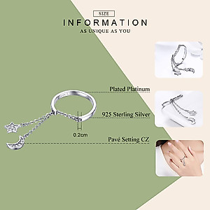 Kokoma Fashion CZ Moon Star Eternity Promise Ring Sterling Silver Adjustable Crystal Tassel Chain Wedding Statement Rings Finger Tail Band Cute Jewelry Gifts