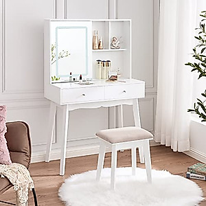 BEWISHOME Vanity Desk with Mirror and Lights, Makeup Vanity with Lights, White, Makeup Desk with 3 Color Lighting, Vanity Table with Cabinet & 2 Drawers, Dressing Table Makeup Table FST15M