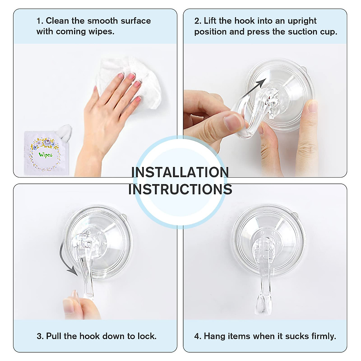 VIS'V Suction Cup Hooks, Small Clear Heavy Duty Vacuum Suction Hooks with Wipes Removable Strong Window Glass Door Kitchen Bathroom Shower Wall Suction Hanger for Towel Loofah Utensils Wreath - 4 Pcs